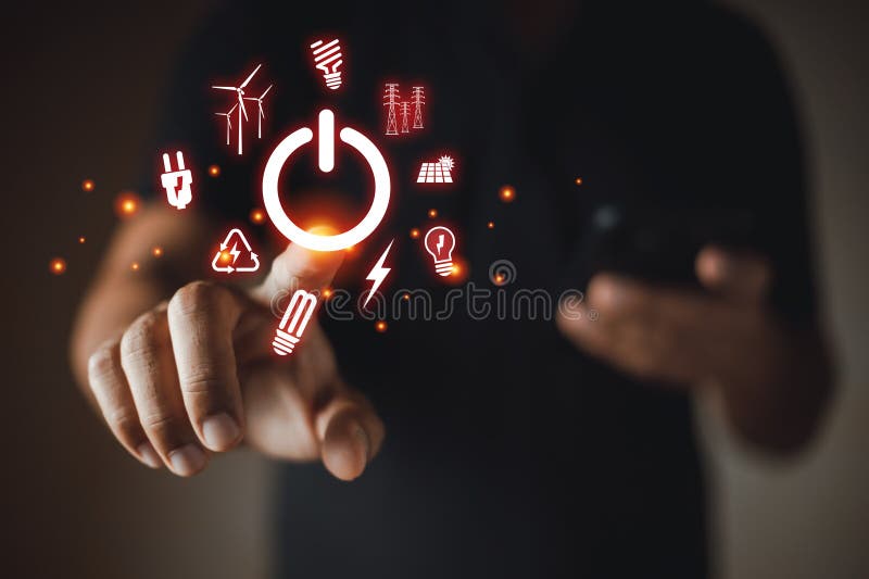 Hand Point Finger Press Power Button. Control Open and Close. Man Use ...