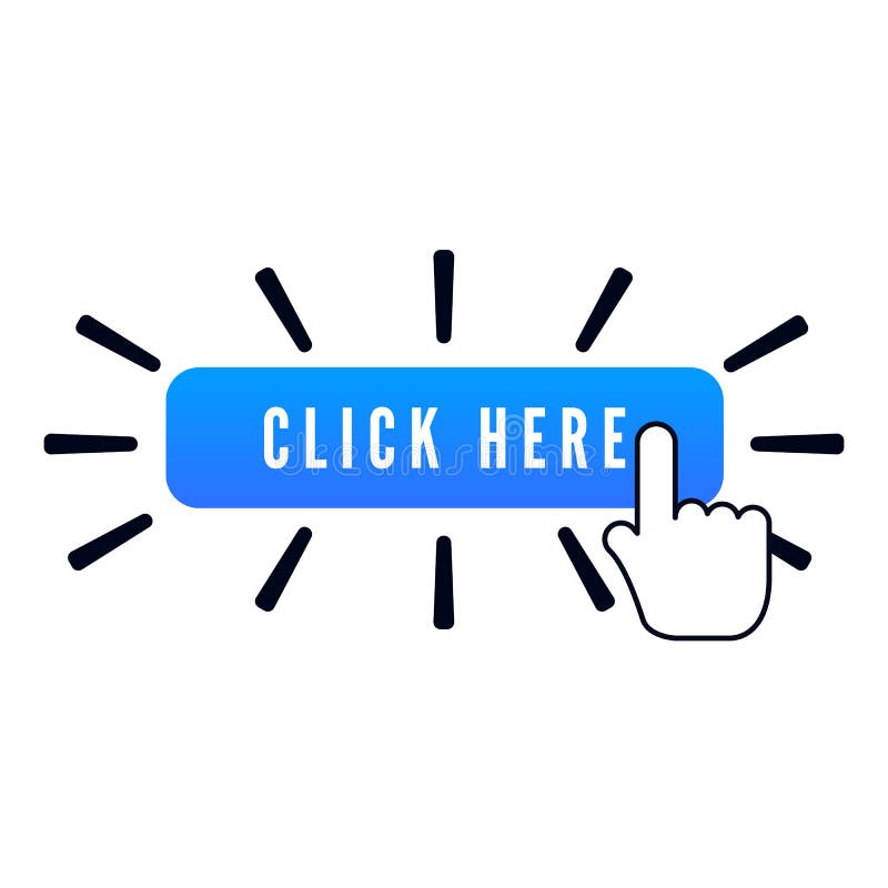 Hand Pointer With Animation Of Action Over Blue Button With Text Click Here On White Background