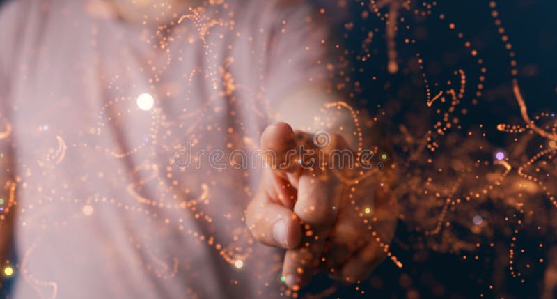 Hand Pointing at Abstract Floating Dots. Internet Connection, Network Stock Photo - Image of ...