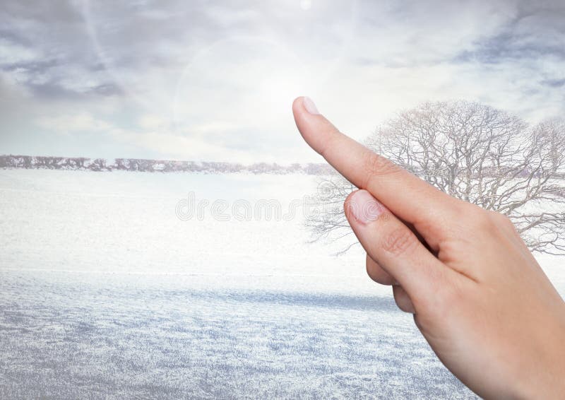 Hand Pointing in Air of Winter Landscape Stock Photo - Image of lens ...