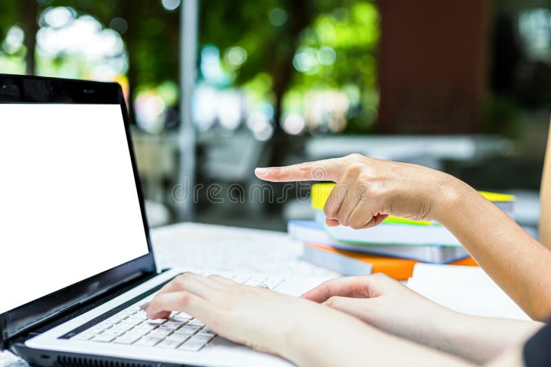 Hand Pointing at Blank Screen of Laptop. Using Computer Pc Stock Image ...