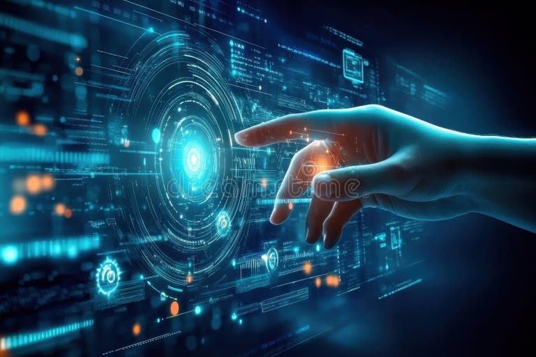 A Hand is Pointing at a Blue Circle on a Computer Screen. Concept of ...