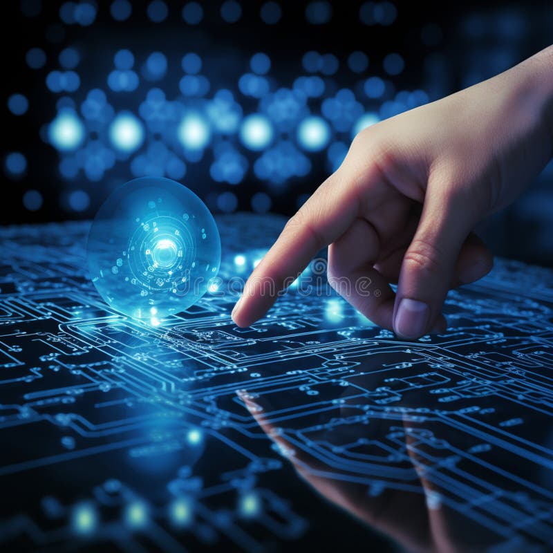 Hand Pointing at the Blue Screen with Graph, Dots and Lights Stock ...