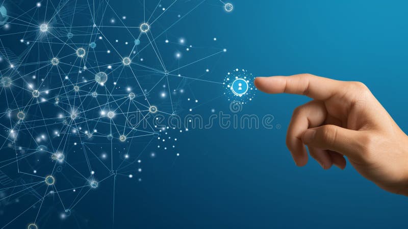 Hand Pointing at the Blue Screen with Graph, Dots and Lights Stock ...