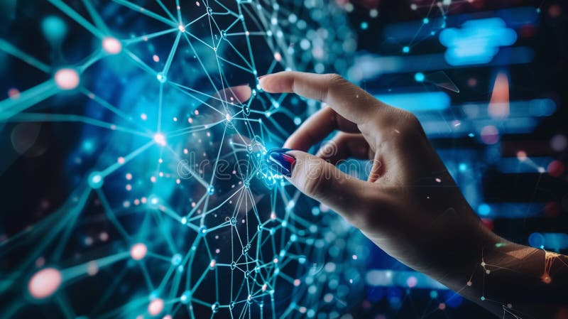 Hand Pointing at the Blue Screen with Graph, Dots and Lights Stock ...