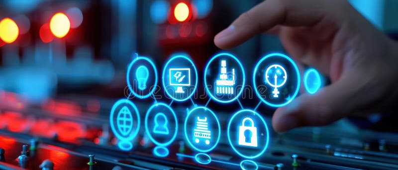 A Hand is Pointing at a Blue Screen with a Lot of Icons Stock ...