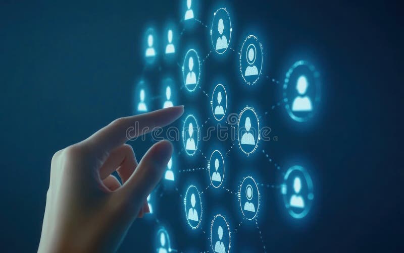 A Hand is Pointing at a Blue Screen with a Network of People Stock ...