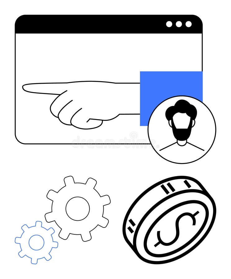 Hand Pointing on Browser Screen with Profile Icon, Gears, and Coin ...