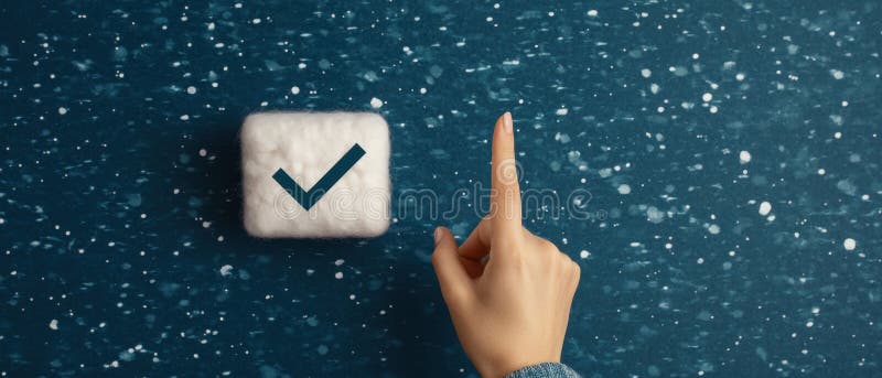 Hand Pointing at Check Mark on Fluffy White Square Choice Concept Stock ...