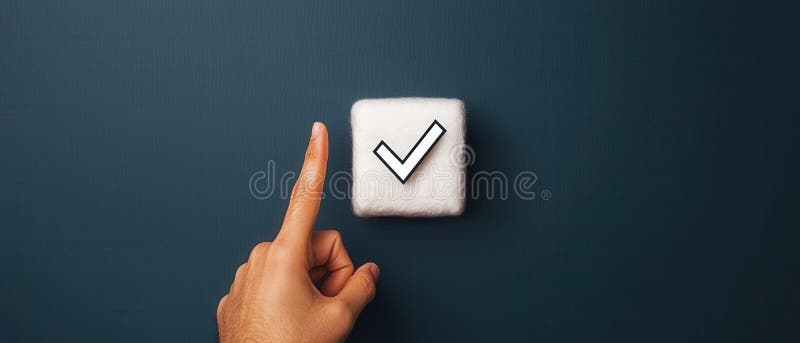 Hand Pointing at Check Mark on White Cube Success Concept Choice ...
