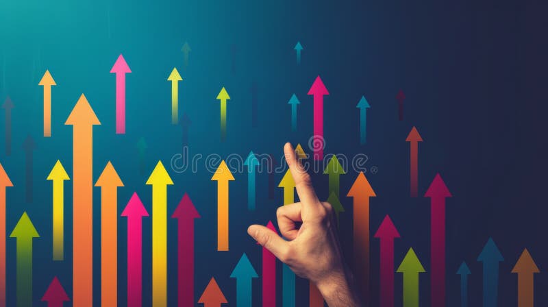Hand Pointing at Colorful Upward Arrows on a Blue Background ...