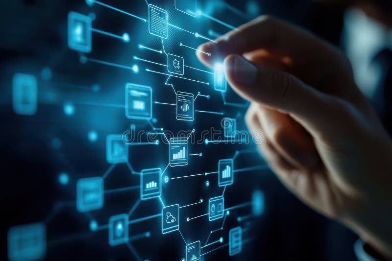 A Hand is Pointing at a Computer Screen with a Blue Background Stock ...