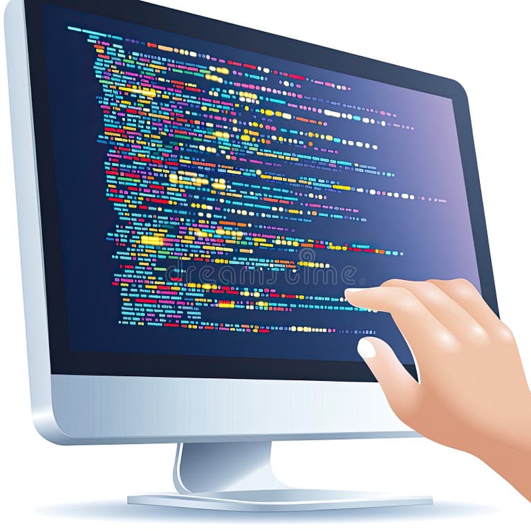 Hand Pointing at Computer Screen with Code. Software Development Concept Stock Image - Image of ...