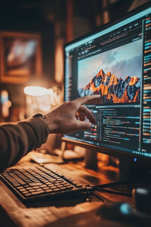Hand Pointing at a Computer Screen Displaying a Web Interface Stock ...