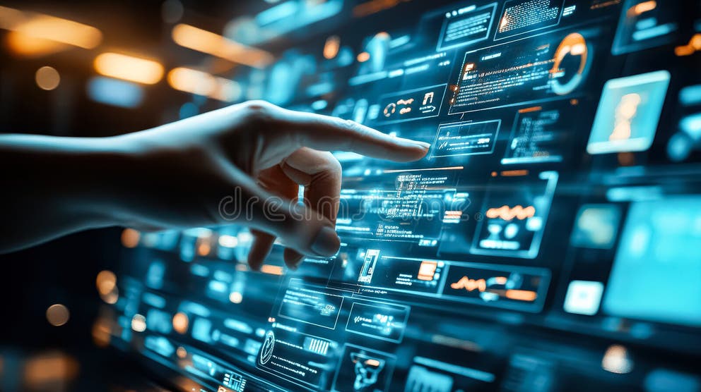 Hand is Pointing at a Computer Screen with a Lot of Different Icons Stock Photo - Image of ...