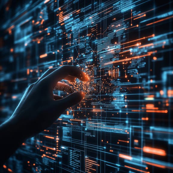 A Hand is Pointing at a Computer Screen with a Lot of Lines and Numbers Stock Image - Image of ...