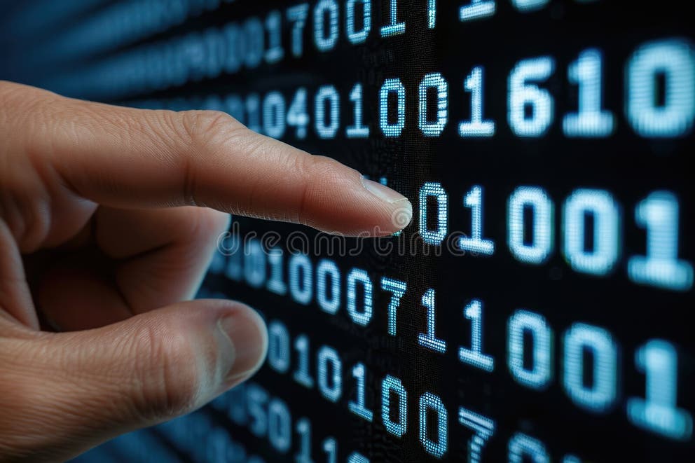 A Hand Pointing at a Computer Screen with a Series of Numbers Stock Photo - Image of coding ...