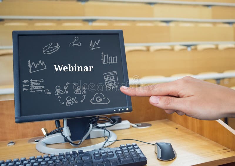 Hand Pointing at Computer with Webinar Text with Drawings Graphics ...