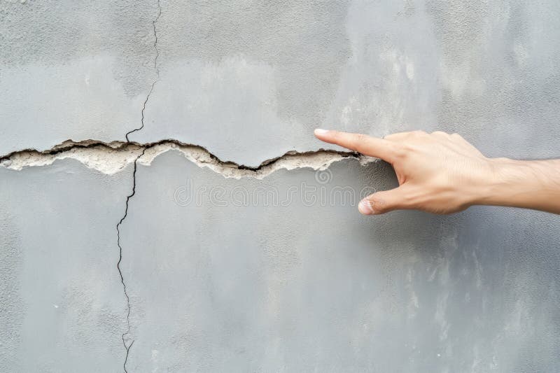 Hand Pointing at Crack in Gray Wall Structural Damage Stock Image ...