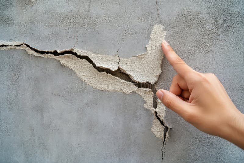Hand Pointing at Crack in Gray Wall Structural Damage Stock Image ...
