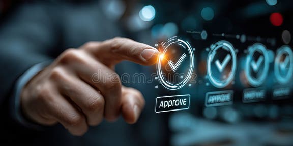 Hand is Pointing at Digital Approve Button with Glowing Check Mark ...