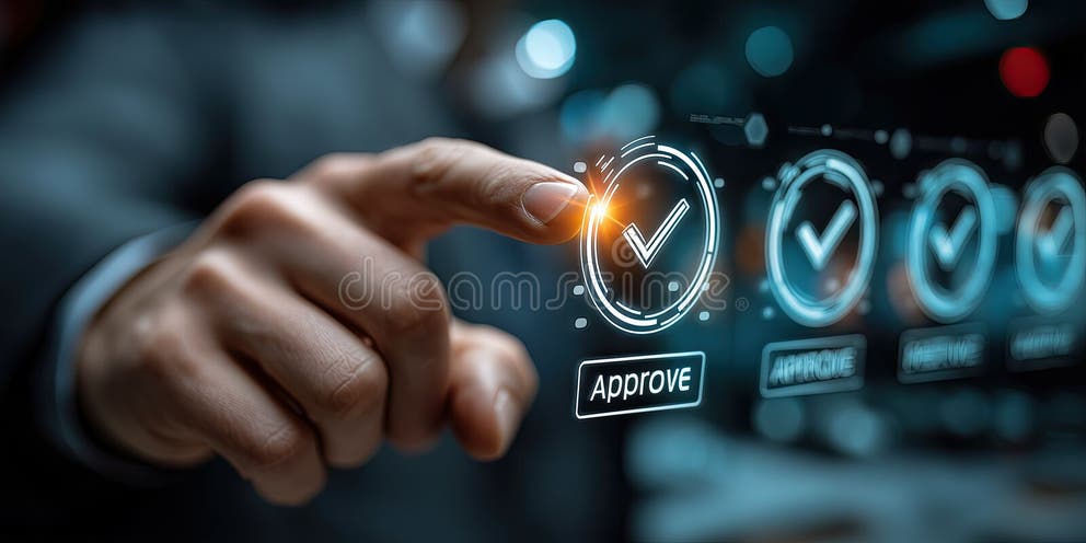 Hand is Pointing at Digital Approve Button with Glowing Check Mark ...