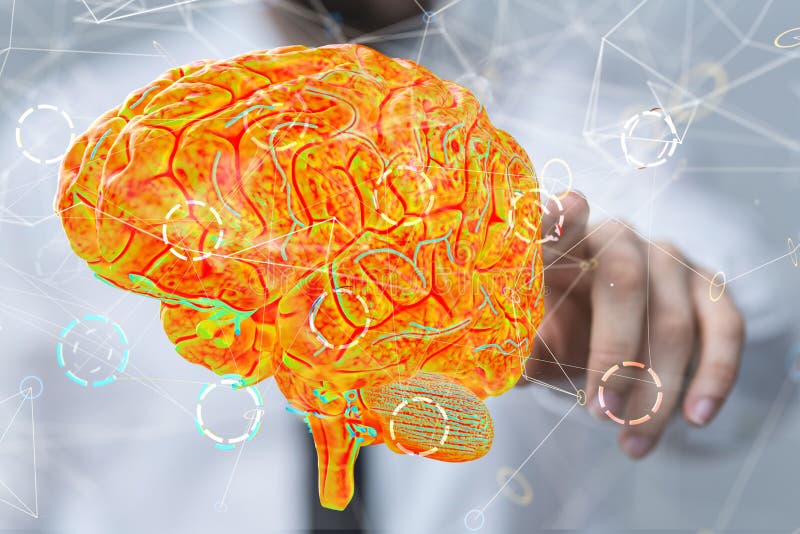 Hand Pointing at the Digital Brain Hologram. Stock Photo - Image of ...