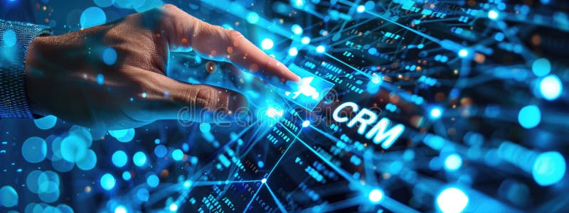 Hand Pointing at Digital CRM Interface with Futuristic Data ...