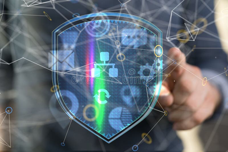 Hand Pointing at a Digital Hovering Shield Hologram with Connected ...