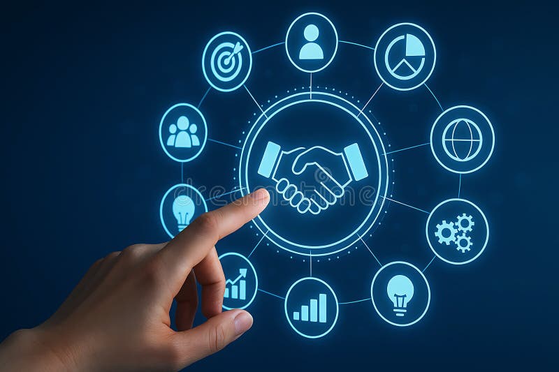 Hand Pointing at Digital Interface Showing a Handshake, Symbolizing ...