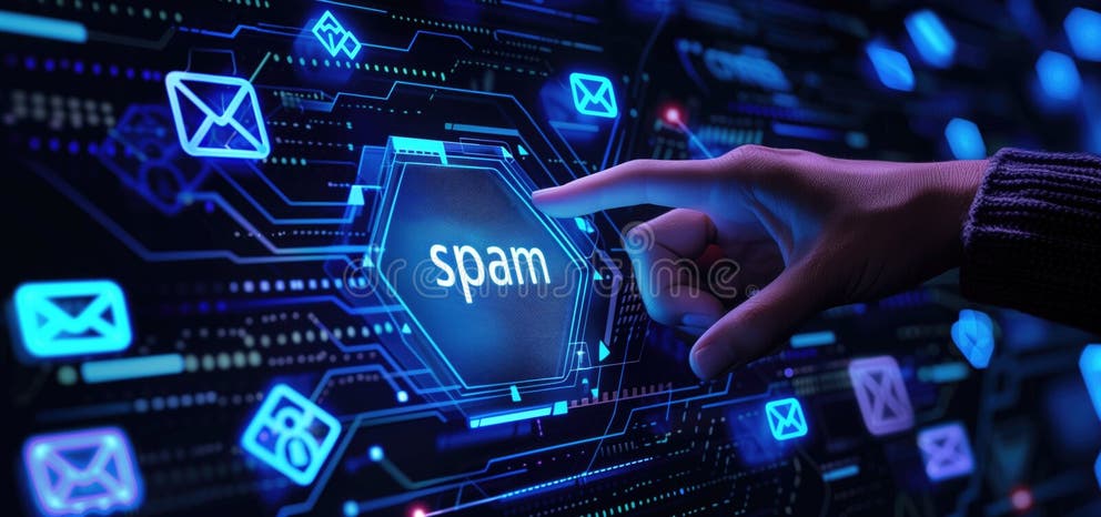 Hand Pointing at Digital Screen Displaying Spam Email Warning in ...