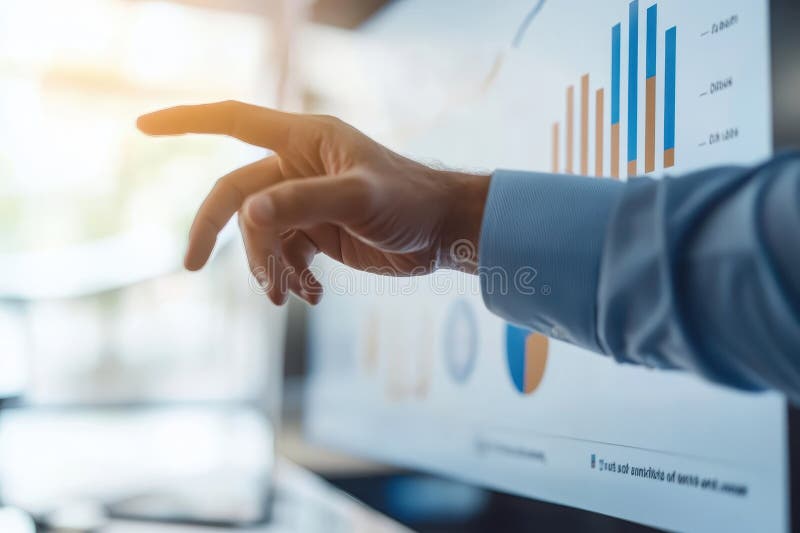 A Hand Pointing at a Digital Screen Displaying Various Business Graphs ...