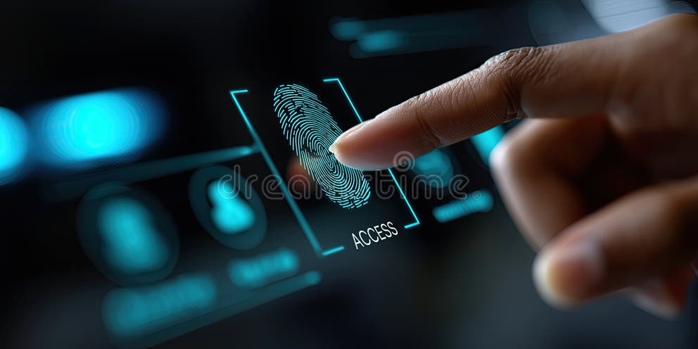 Hand is Pointing at Digital Screen with Glowing Fingerprint Icon ...