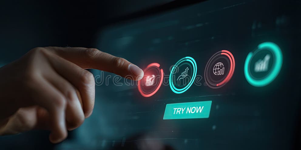 Hand is Pointing at Digital Screen with Interactive Icons and Try Now ...