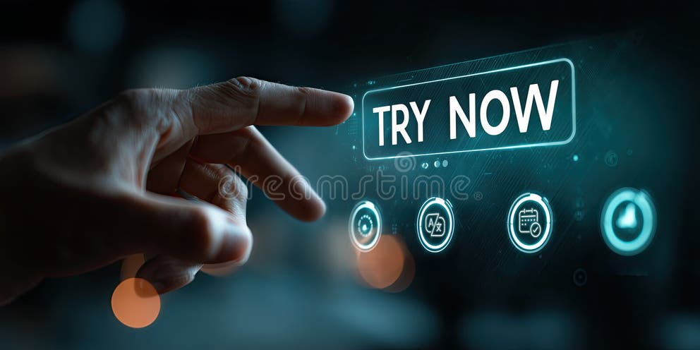 Hand is Pointing at Digital Screen with Interactive Try Now Button ...