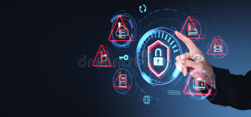 Hand Pointing at Digital Security Icons on Dark Background ...