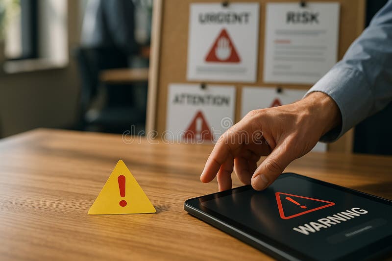 Hand Pointing at Digital Warning Sign with Red Triangle Exclamation ...