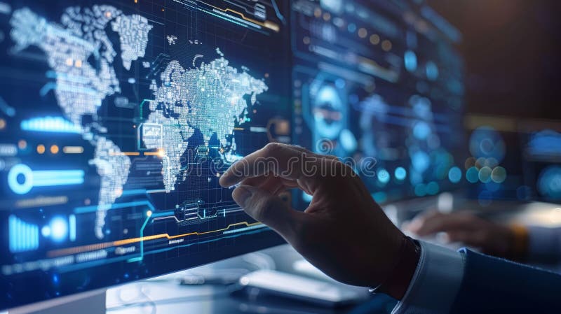 Hand Pointing at Digital World Map on Computer Screen Stock ...