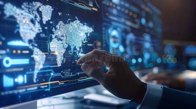 Hand Pointing at Digital World Map on Computer Screen Stock ...