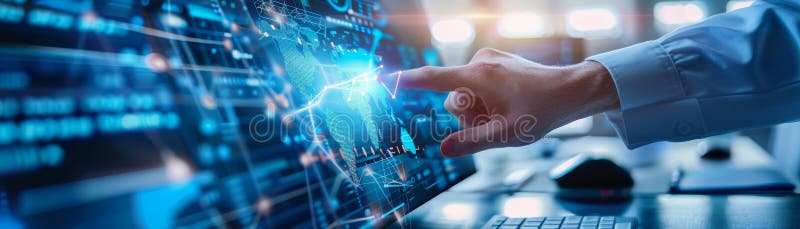 Hand Pointing at Digital World Map Interface Stock Illustration ...