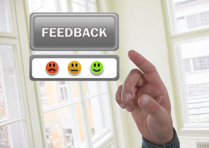 Hand Pointing at Feedback Button and Feedback Smiley Faces Satisfaction ...