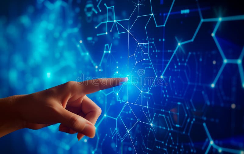 Hand Pointing Finger at a Technology Screen. Blue Background ...