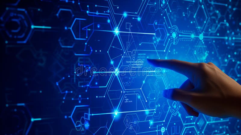 Hand Pointing Finger at a Technology Screen. Blue Background ...