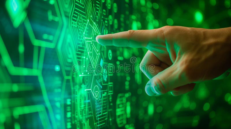 Hand Pointing Finger at a Technology Screen. Futuristic Green ...