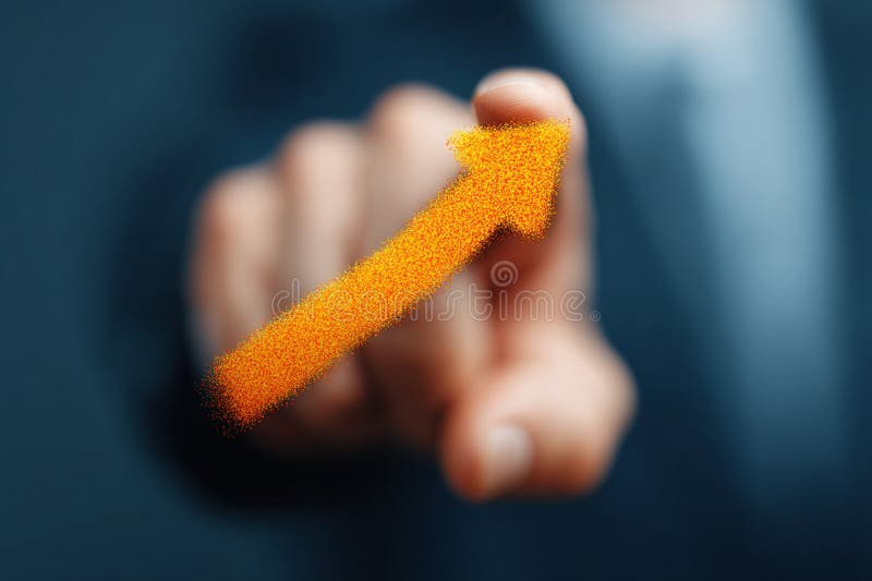 Digital Progress. a Hand Pointing Forward with a Glowing Orange Arrow ...