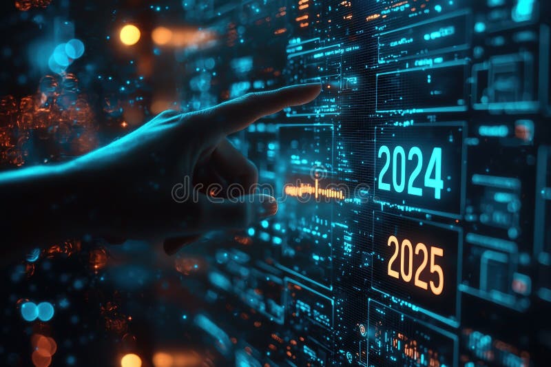 Hand Pointing at Futuristic Digital Dashboard with Years 2024 and 2025 ...