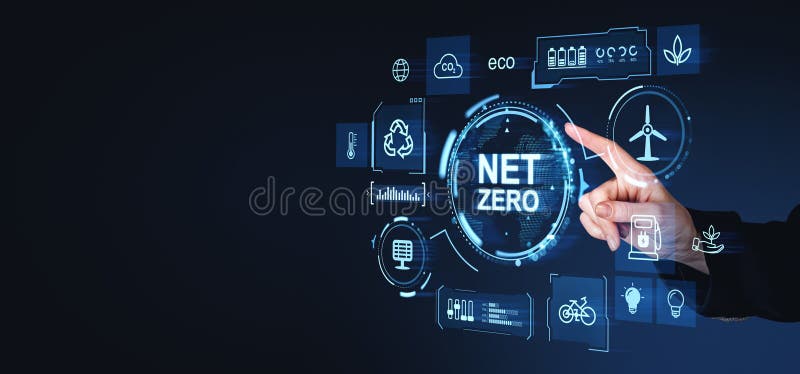Hand Pointing at a Futuristic Digital Interface Displaying Net Zero ...