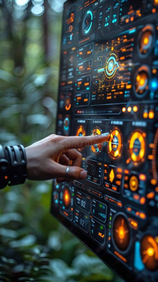 Hand Pointing at Futuristic Screen in Cockpit with Engineering Info ...