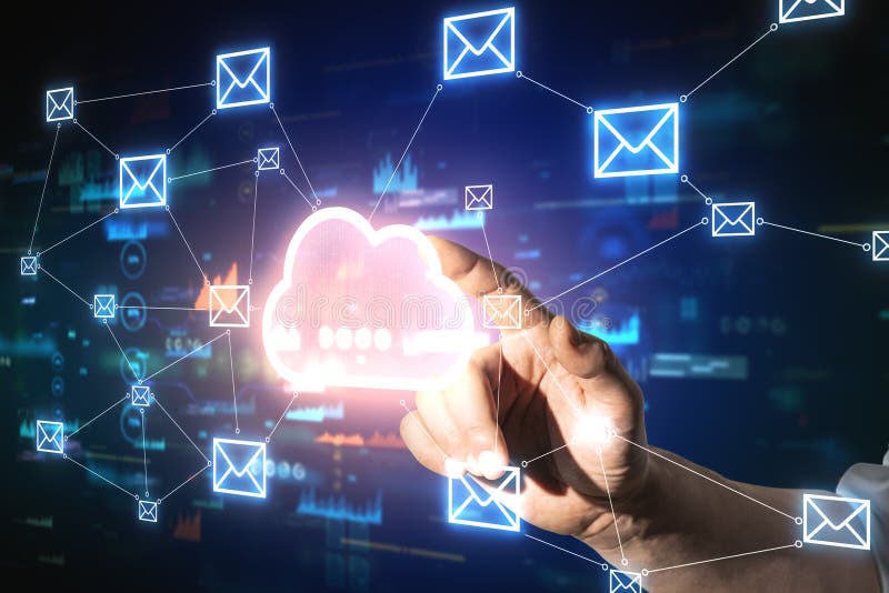 Hand Pointing at Glowing Cloud Email Map Hologram Stock Photo - Image of business, envelope ...