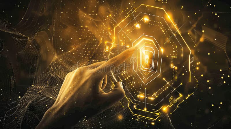 Hand Pointing at a Glowing Cyber Security Shield on a Digital Interface ...